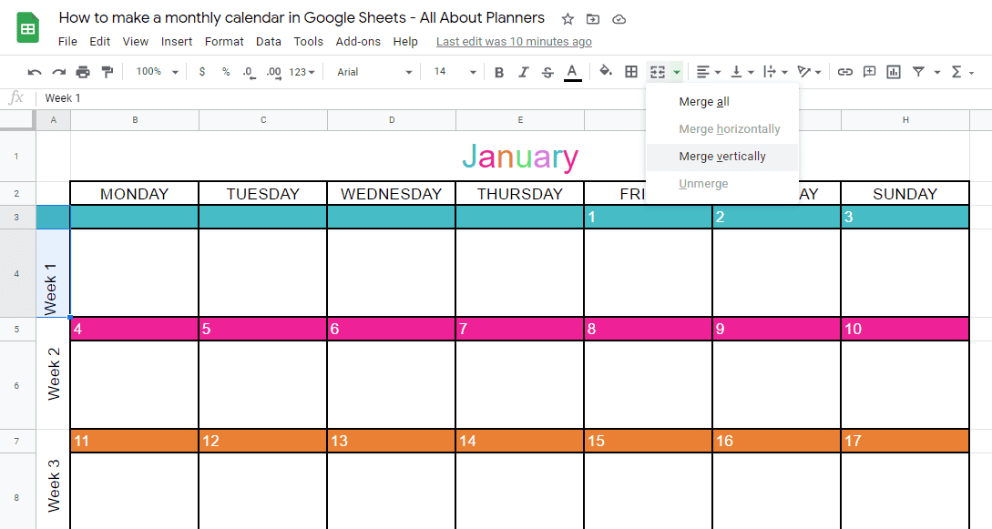 How to make a monthly calendar printable using Google Sheets (online ...